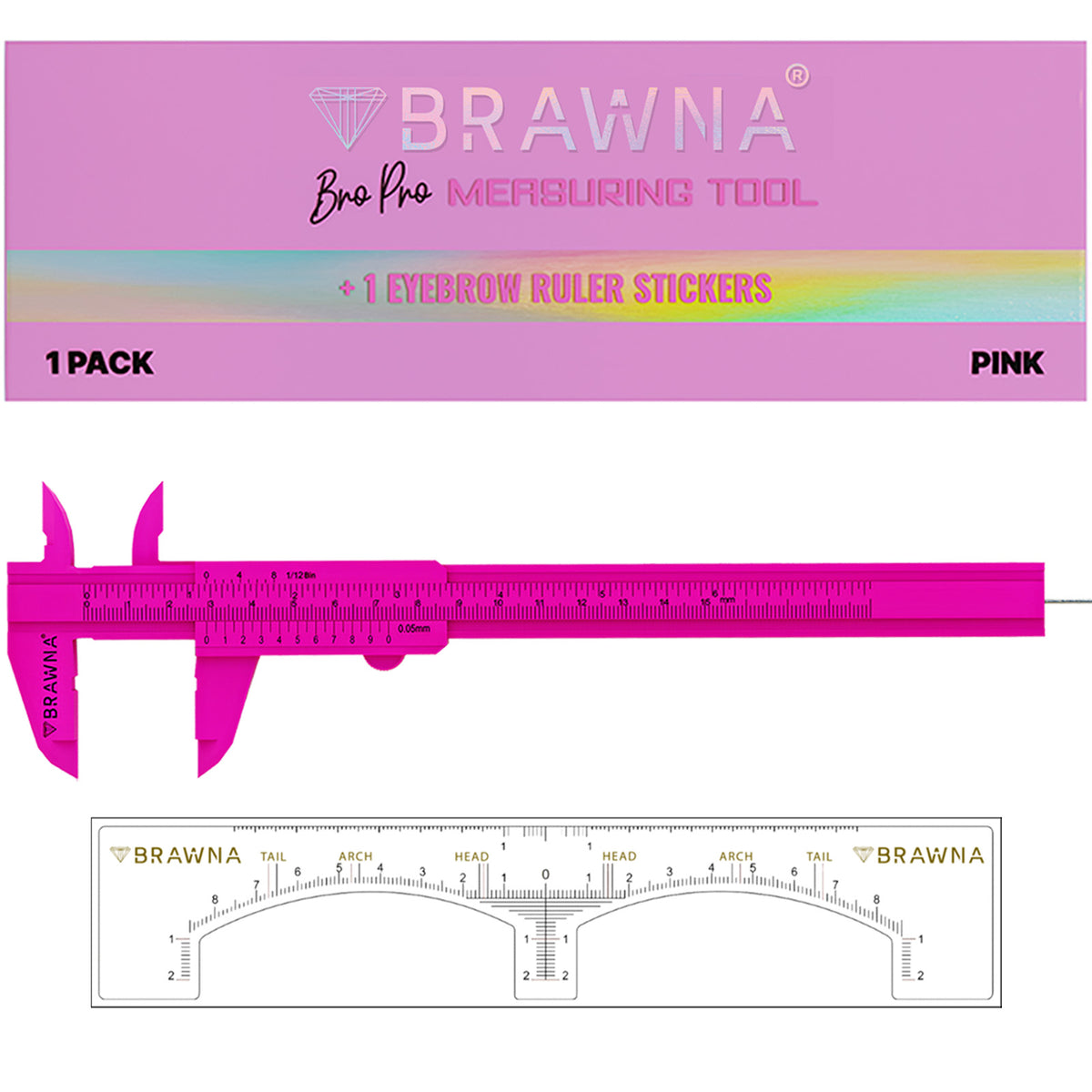 Brow Pro Measuring Caliper with Eyebrow Ruler Sticker Pink BrawnaBeauty ...